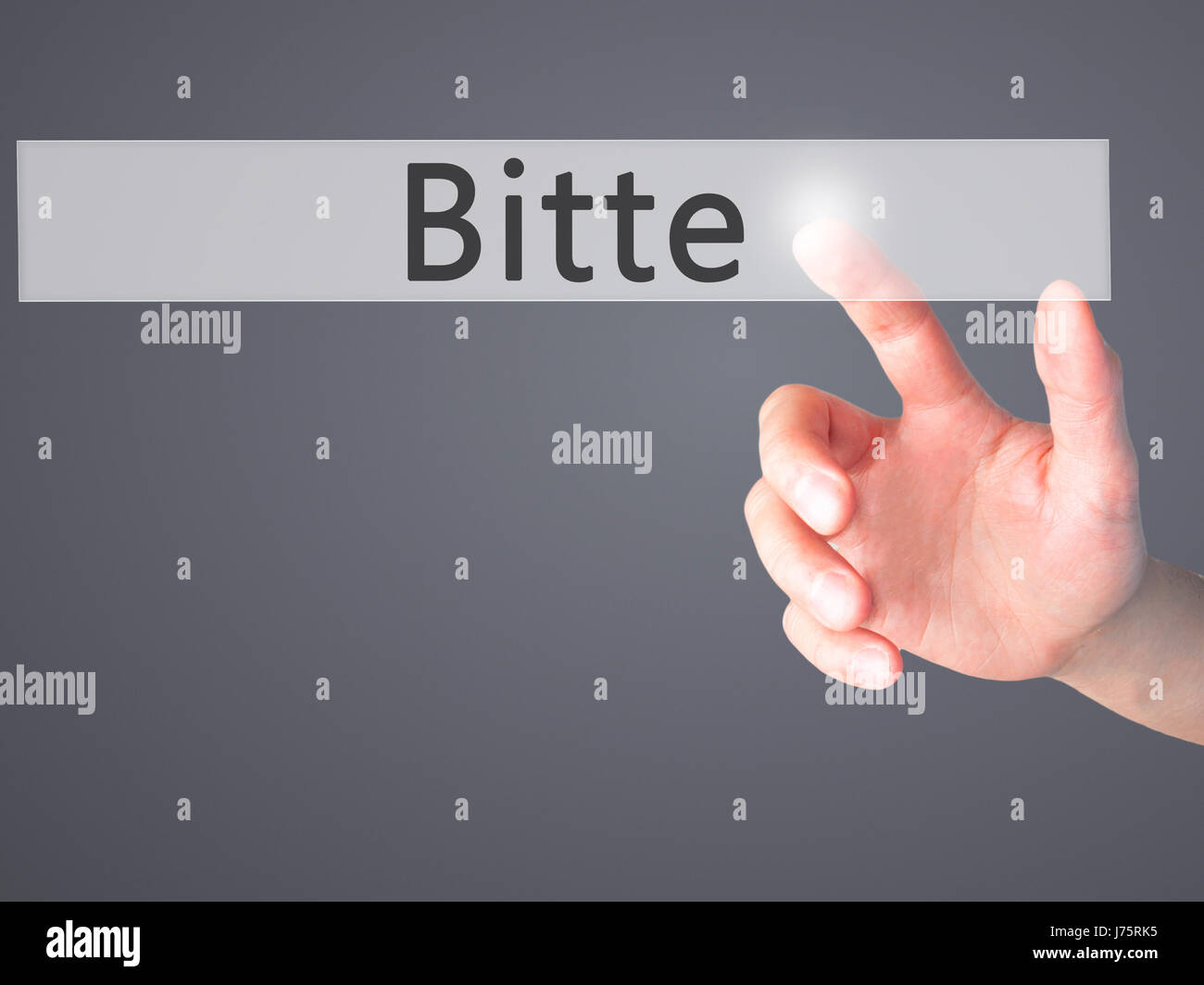 Bitte (Please in German) - Hand pressing a button on blurred background ...