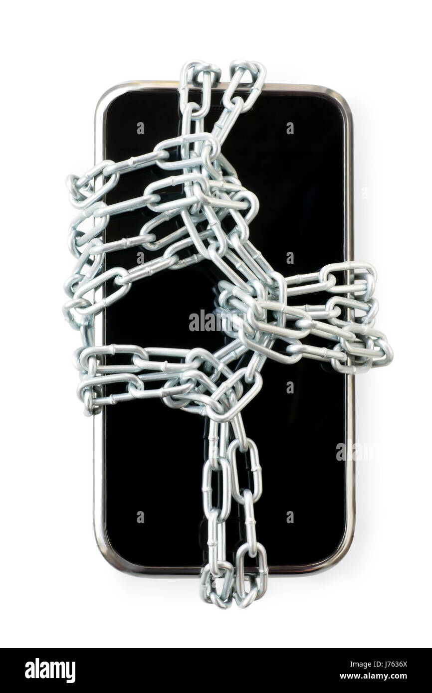 Black smart phone in chain. Security, data protection censorship and ...