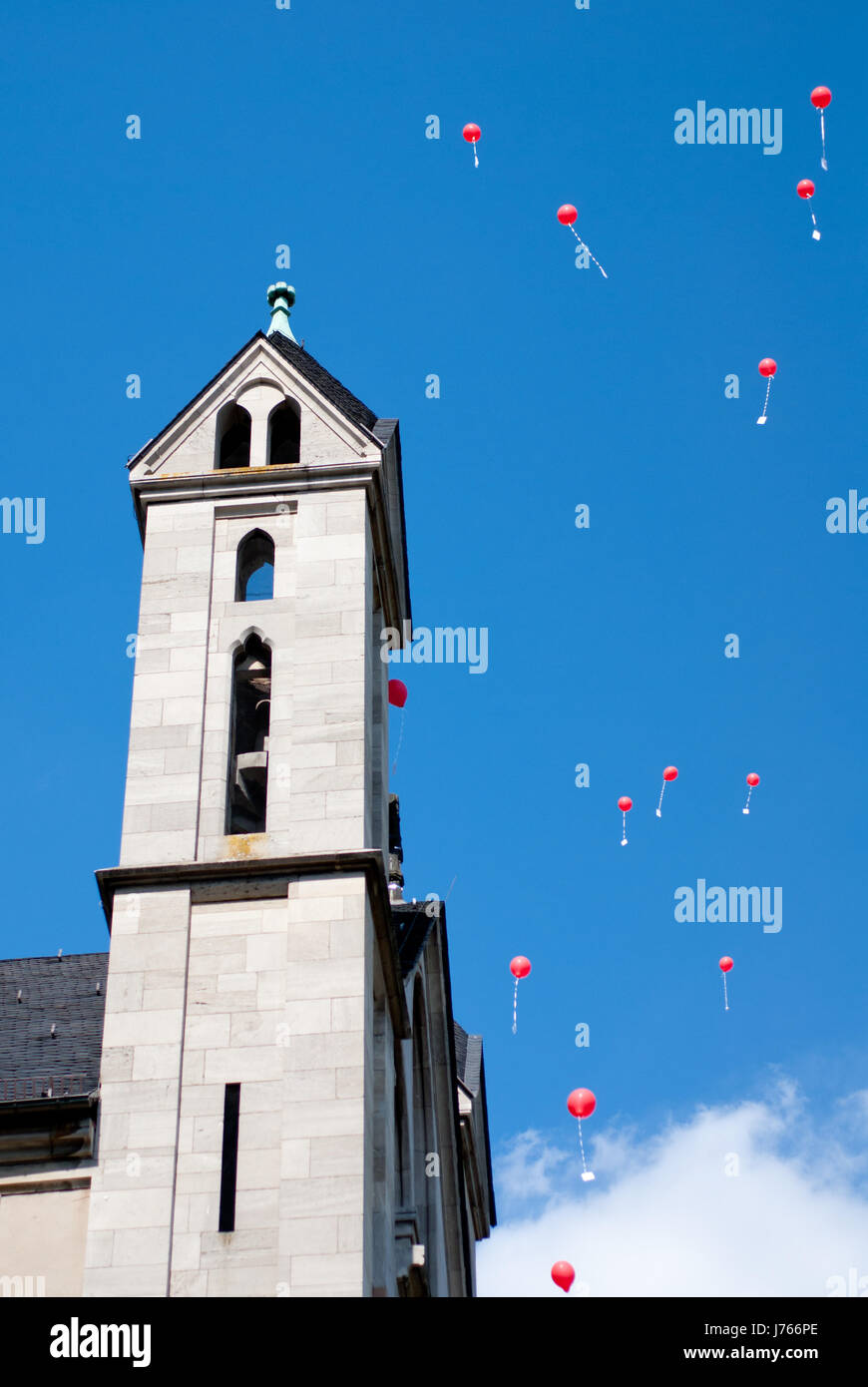blue tower church summer summerly ballon balloons firmament sky red ...