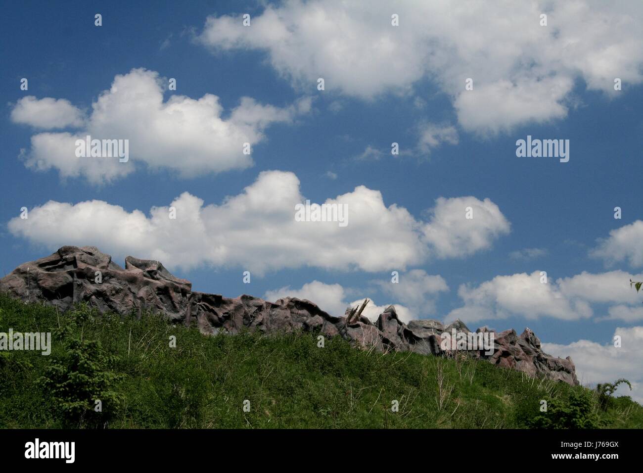 blue rock railing ascent ropes firmament sky clouds blue stairs fence ...