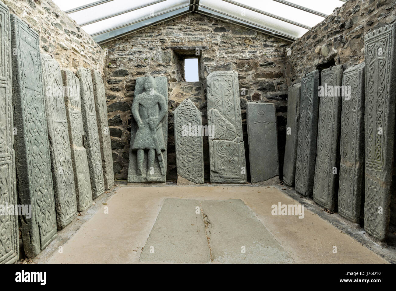 Medieval tomb slabs on display within the Kilmartin Parish Church ...