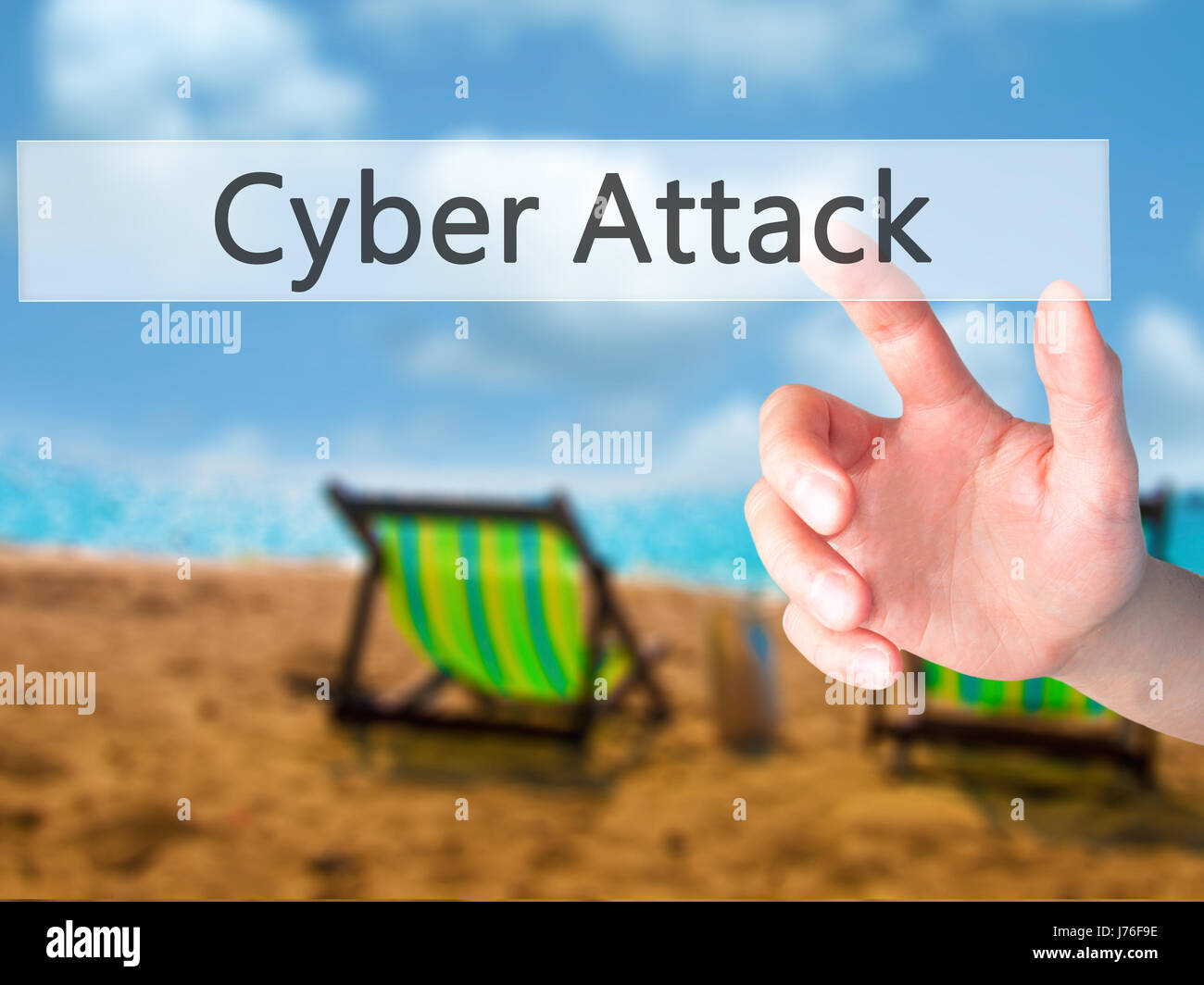 Cyber Attack - Hand pressing a button on blurred background concept ...