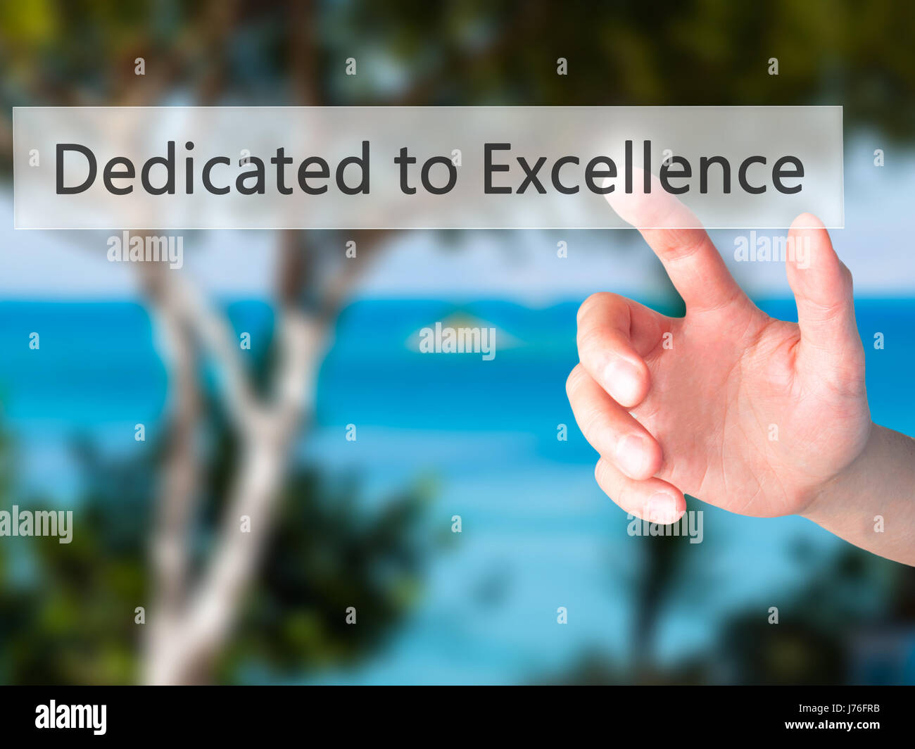 Dedicated to Excellence - Hand pressing a button on blurred background ...
