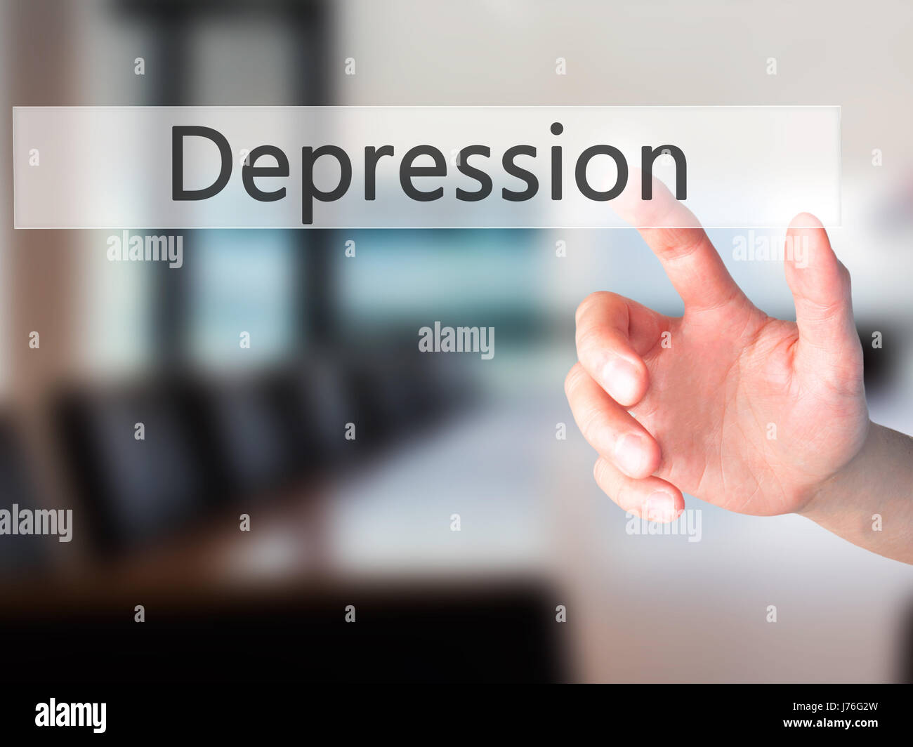 Depression - Hand pressing a button on blurred background concept ...