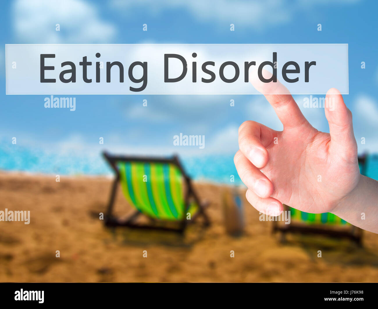 Eating Disorder - Hand pressing a button on blurred background concept ...