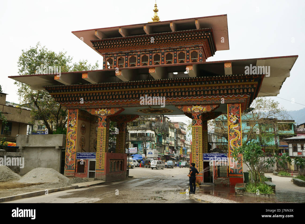 Gate between Bhutan and India at Phuentsholing, seen from Bhutan side ...