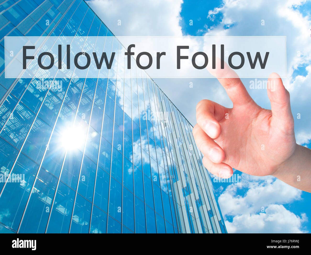 Follow for Follow - Hand pressing a button on blurred background ...