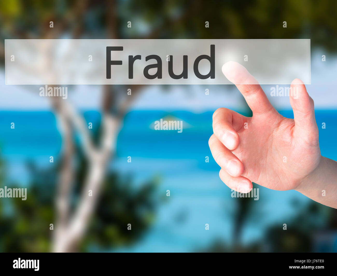 Fraud - Hand pressing a button on blurred background concept . Business ...
