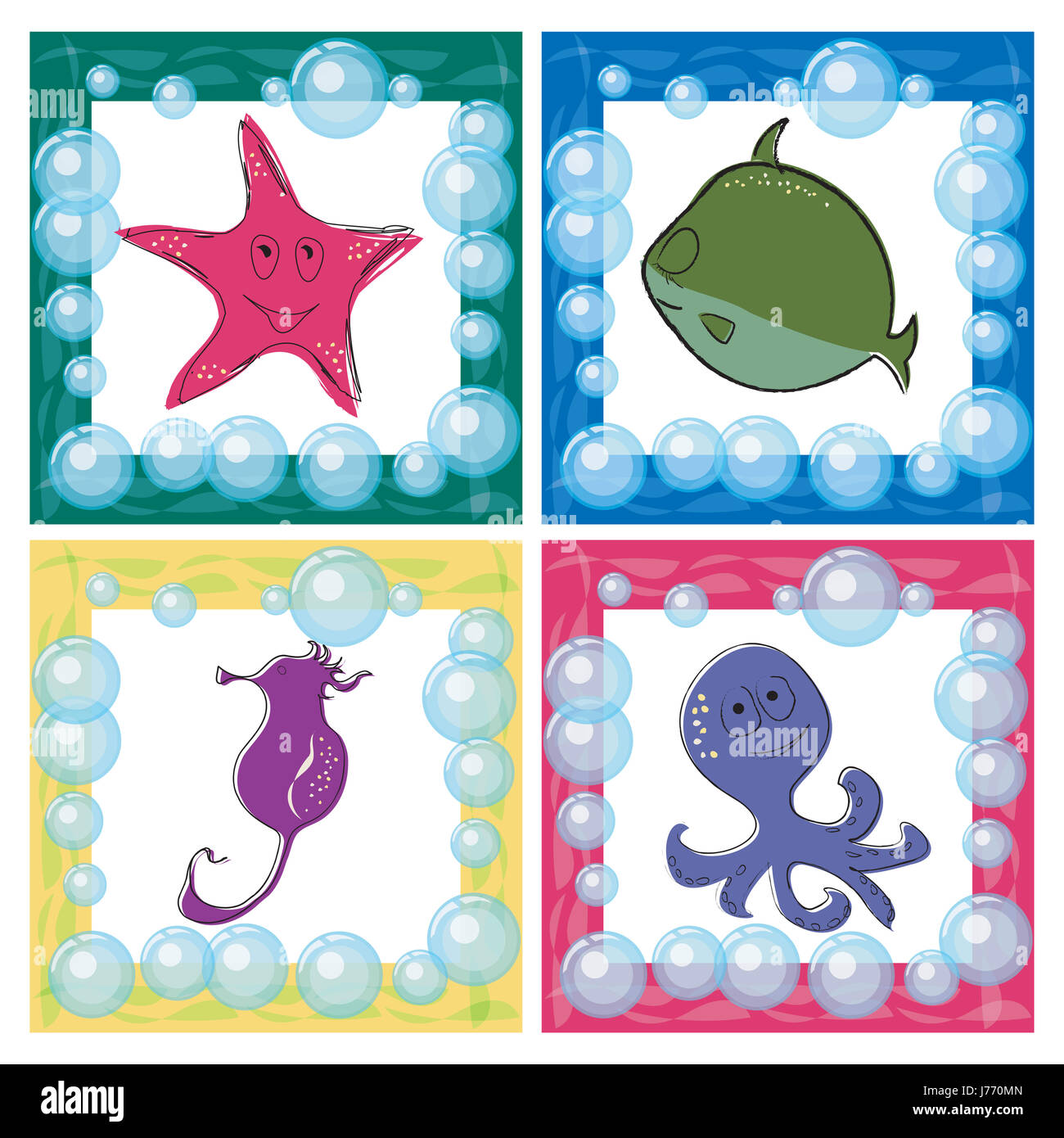 fish starfish octopus bubble blue isolated green fish card starfish ...