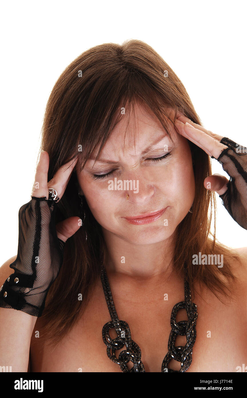 woman isolated closeup pain standing headache forties woman hand health ...