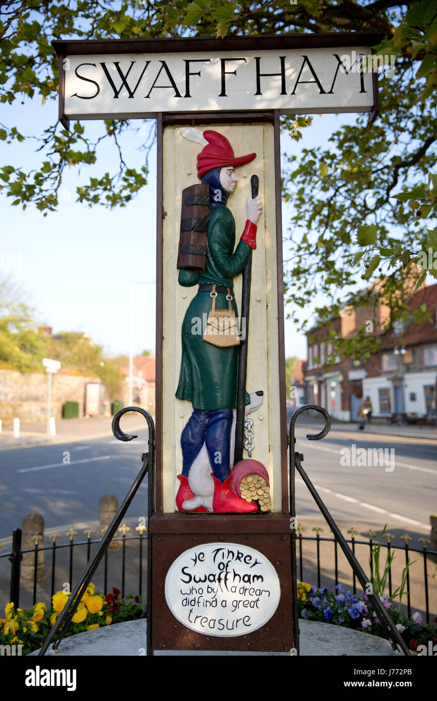Town sign of the pedlar who dreamed of treasure, which stands at the ...