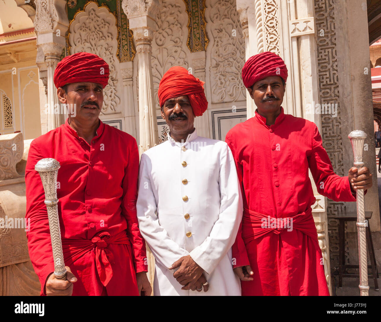 Fort Guards at at the Amber Fort in Jaipur,India,in red uniforms Stock ...
