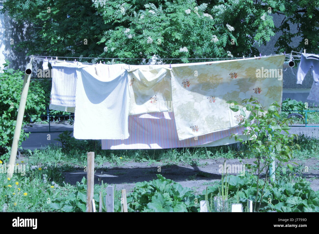 The clothes hang on the rope and dry Stock Photo - Alamy