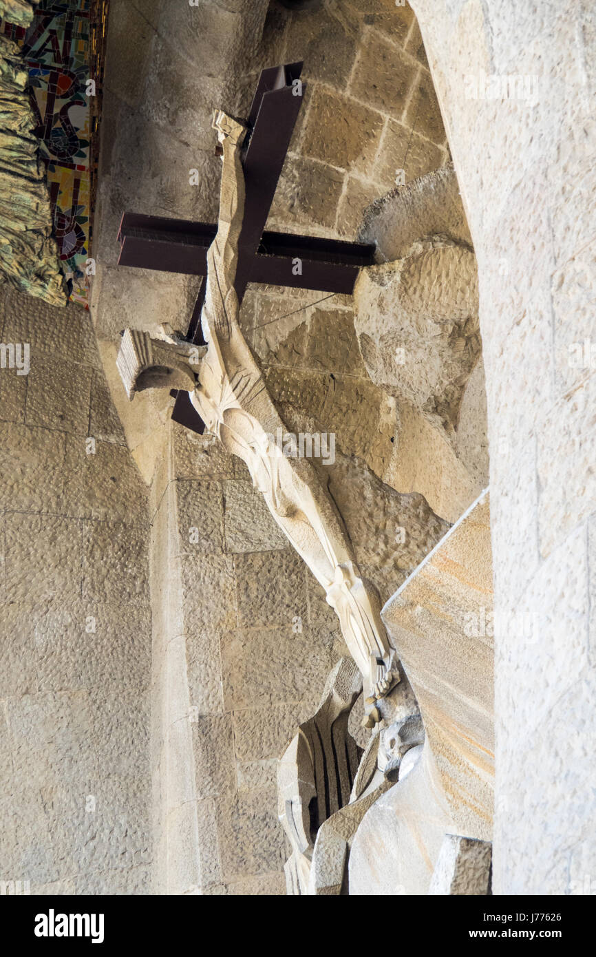 Sculpture of the the Crucifixion of Jesus Christ on the Passion Facade of Gaudi's Sagrada ...