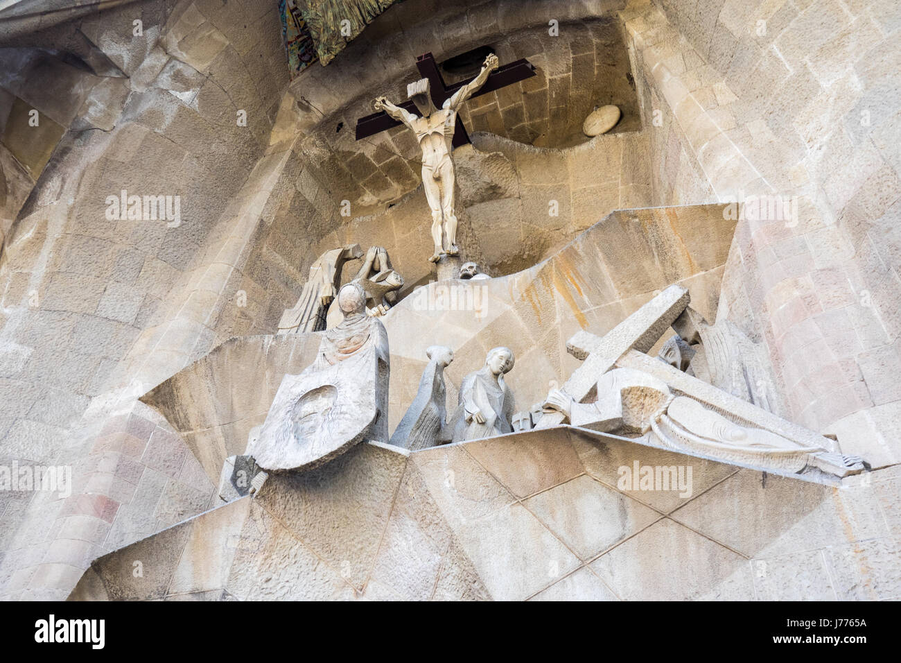 Sculpture of the the Crucifixion of Jesus Christ on the Passion Facade of Gaudi's Sagrada ...