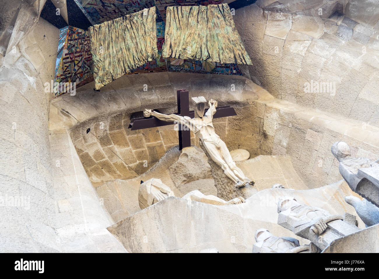 Sculpture of the the Crucifixion of Jesus Christ on the Passion Facade of Gaudi's Sagrada ...