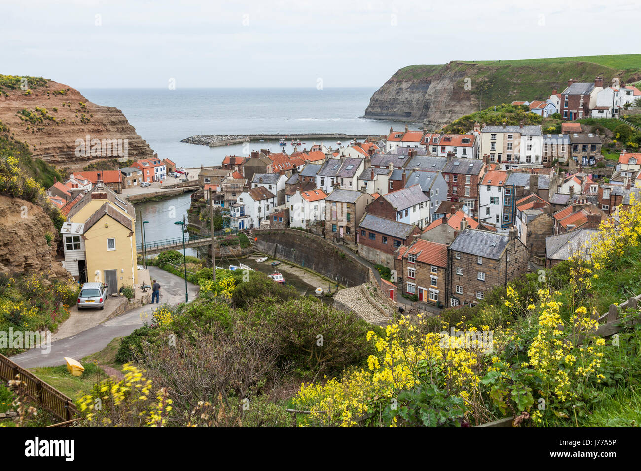 An elevated view of the coastal village of Staithes,North Yorkshire ...