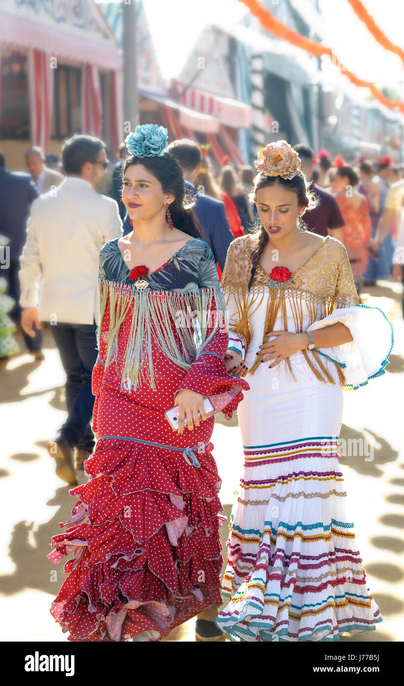 Seville, Spain - May 02, 2017: Young and beautiful women dressed in ...