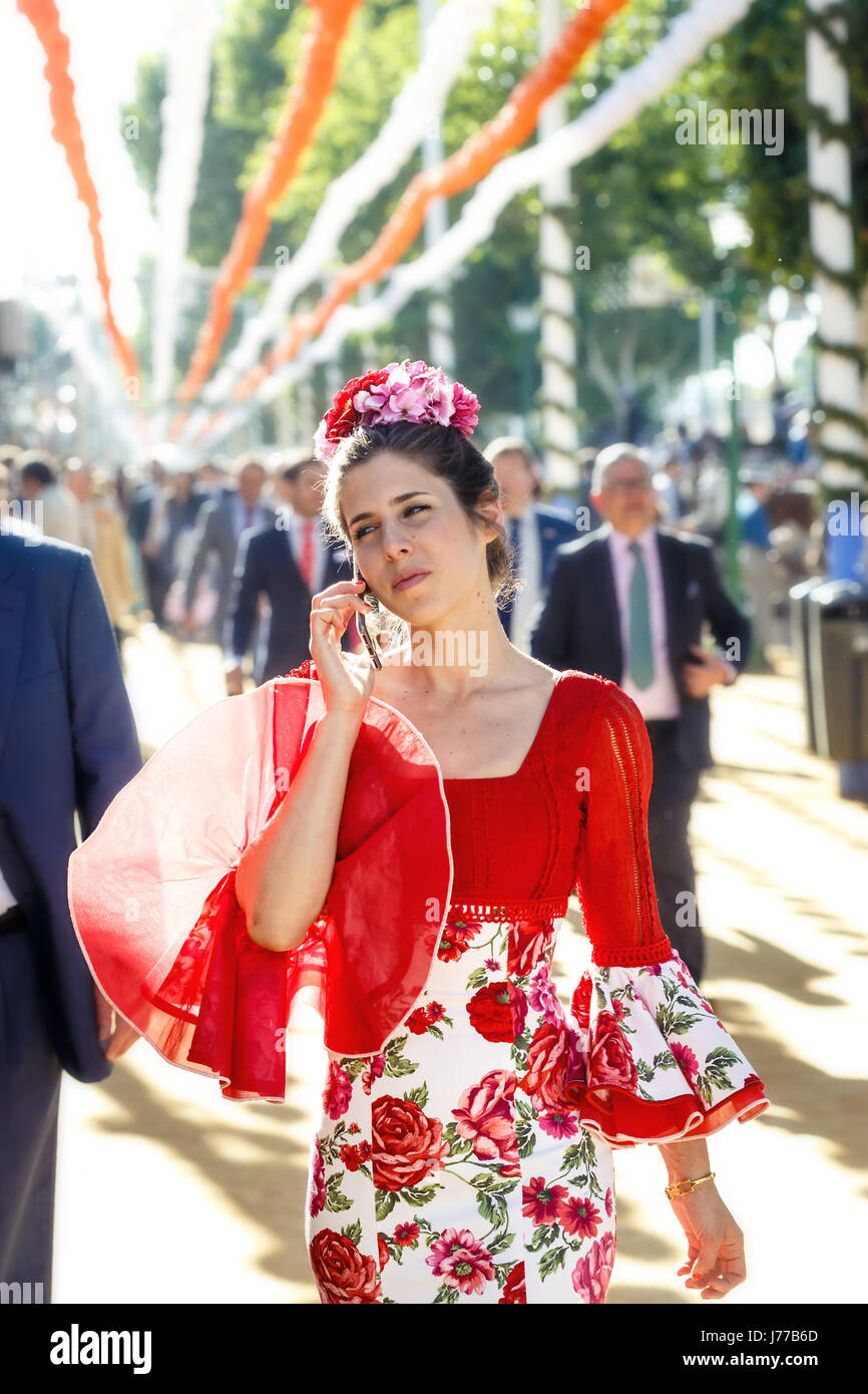 Seville, Spain - May 02, 2017: Beautiful Woman dressed in traditional ...