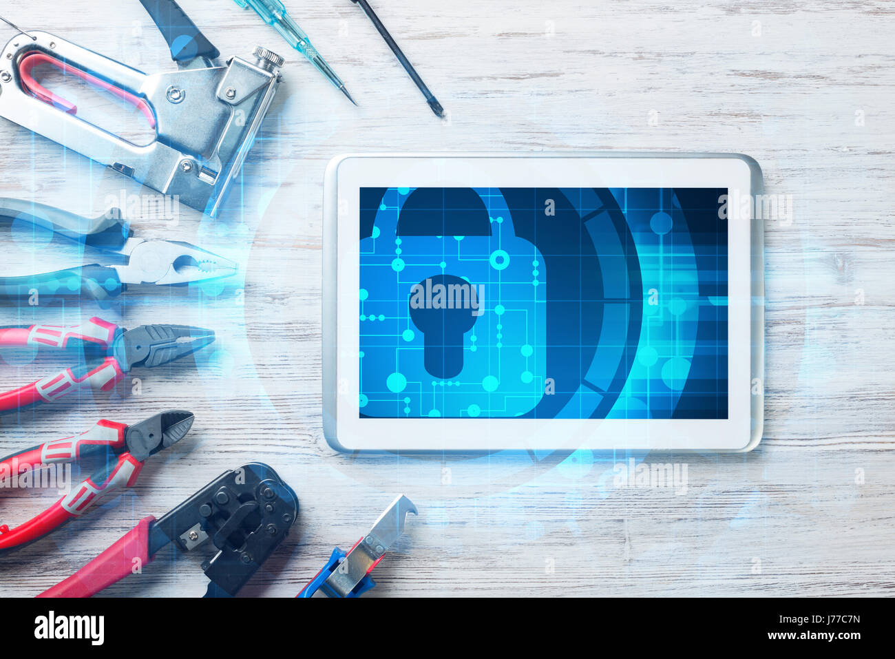Variety of industrial tools and tablet pc as privacy safety concept ...