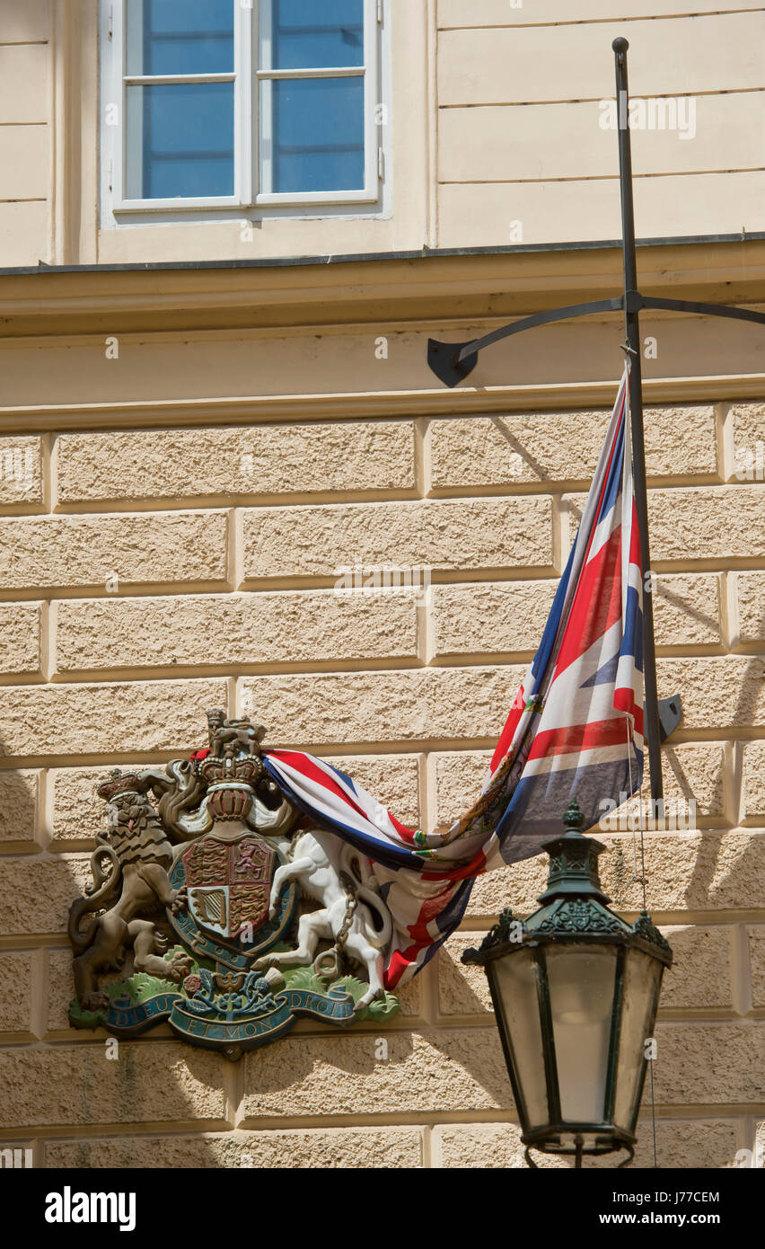 The British flag flies at half-staff at the British embassy in Prague ...