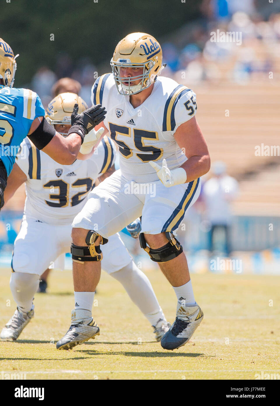 Los Angeles, CA, USA. 29th Apr, 2017. UCLA lineman (55) Michael Alves drops into pass protection ...