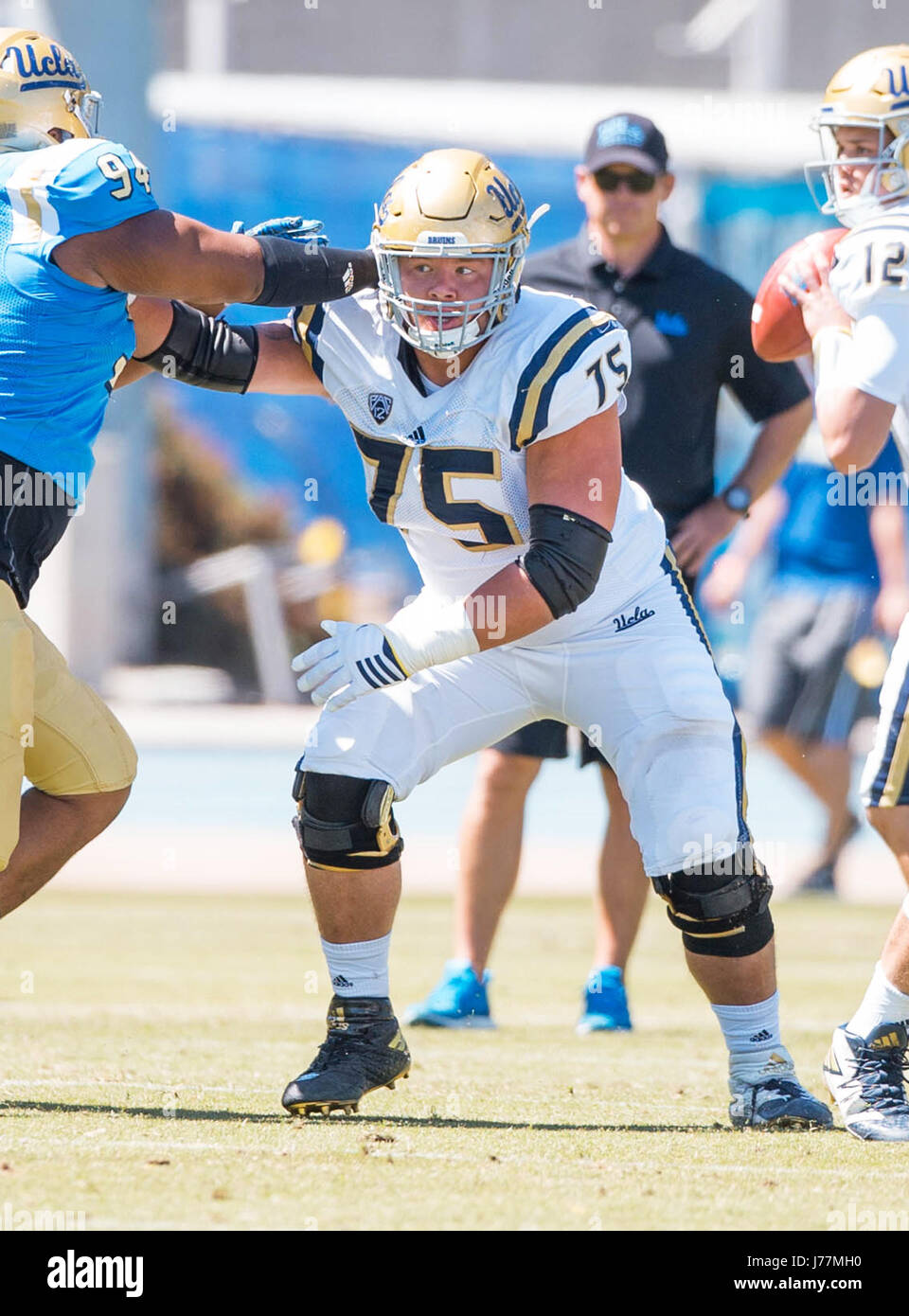 April 29, 2017 Los Angeles, CA...UCLA lineman (75) Andre James drops ...