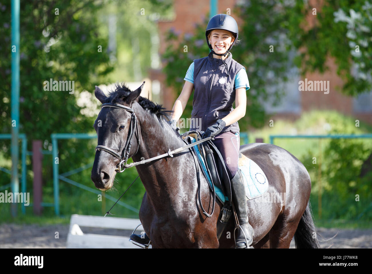 Young rider girl on horse at dressage competition. Equestrian sport ...
