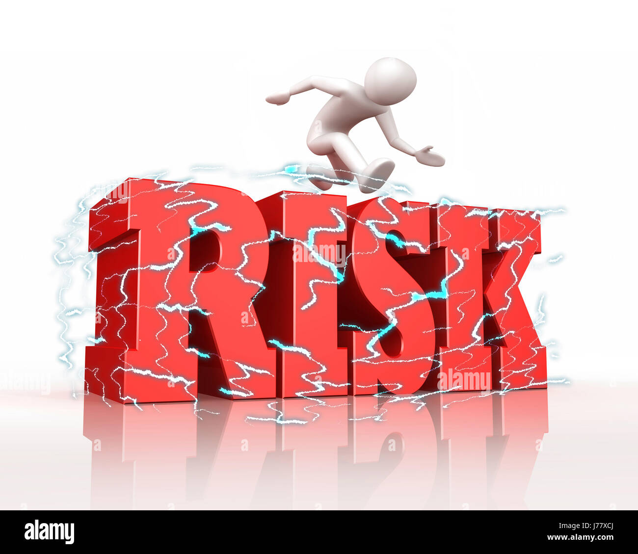 Icon man man takes a risk - jumps over the word risk with electric ...