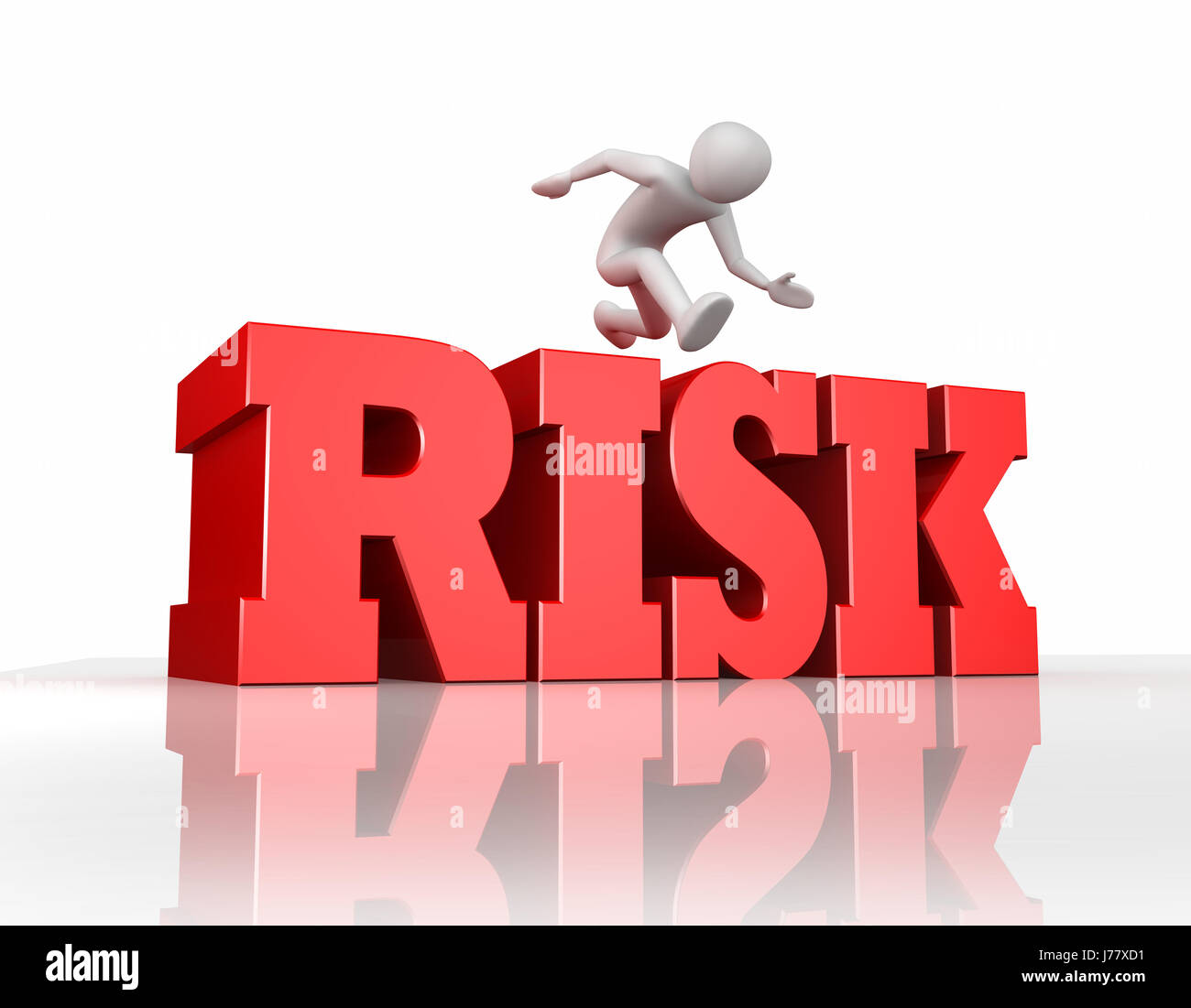 Icon man man takes a risk - jumps over the word risk / 3d illustration ...