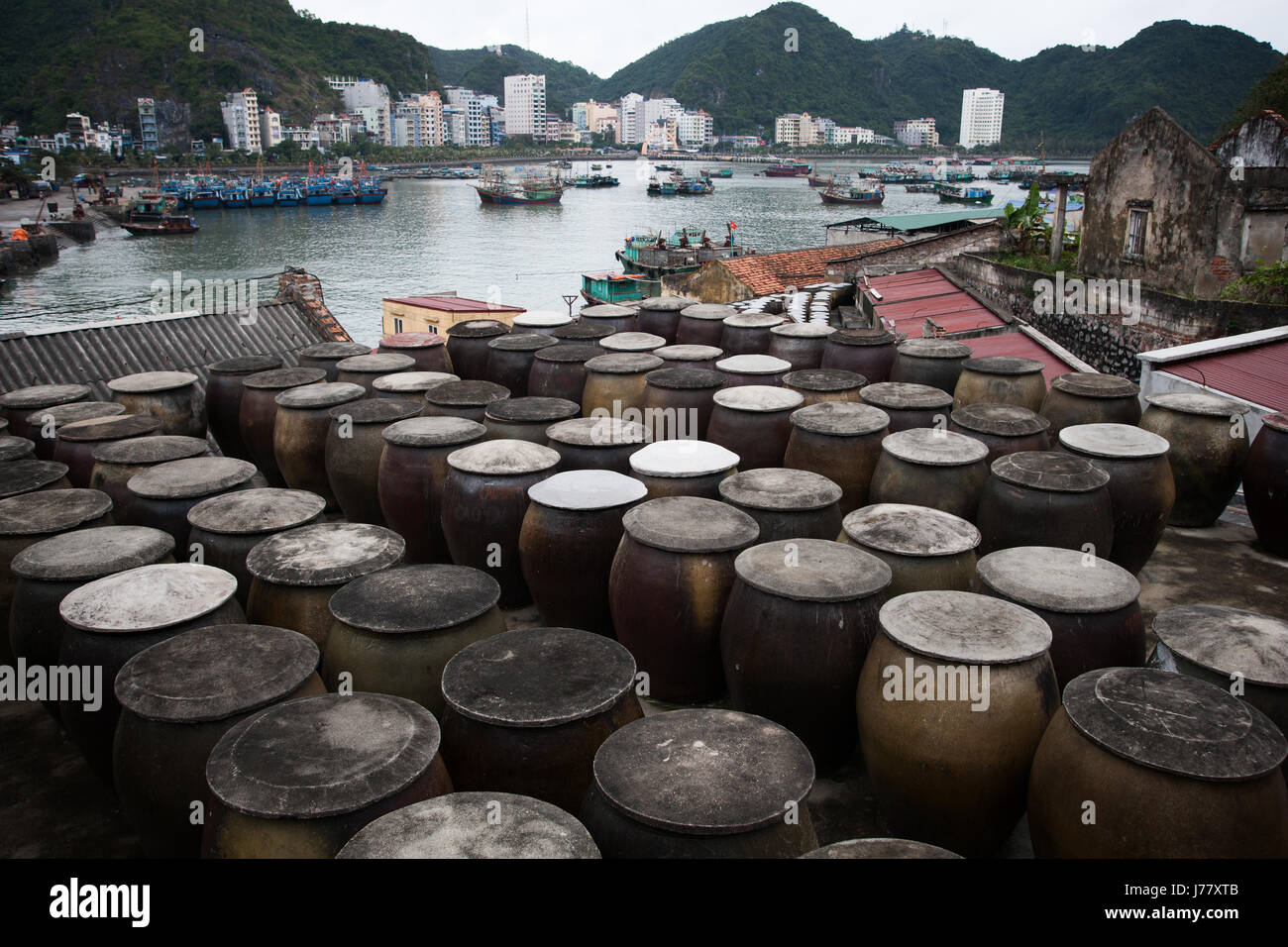 Barrels of fermenting fish used for sauce in the foreground, Cat Ba ...