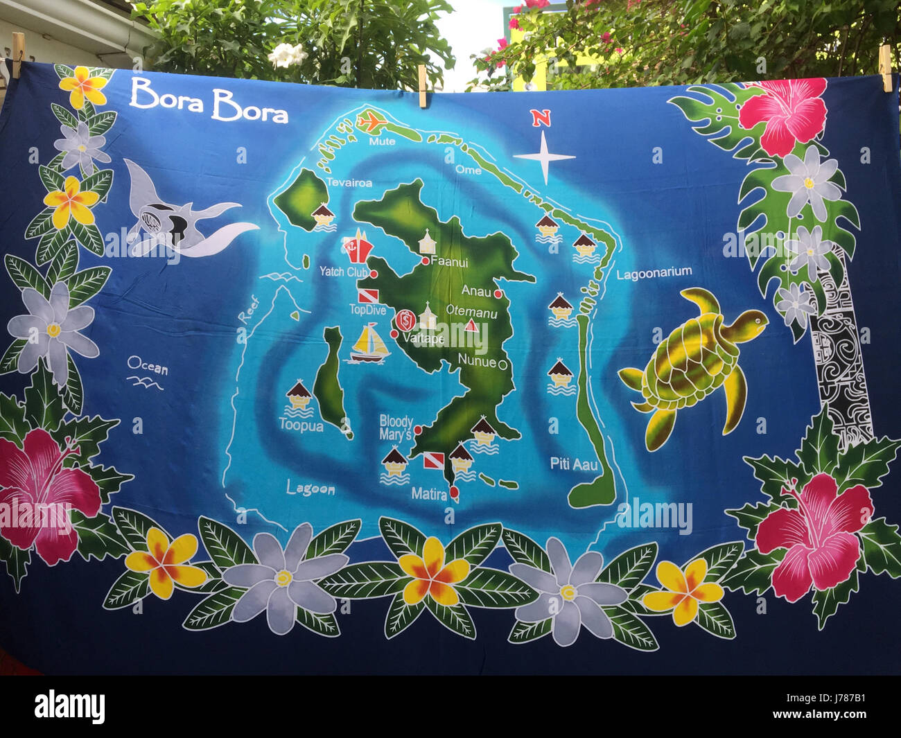 BORA BORA Tie-dye design showing features of the island in French ...