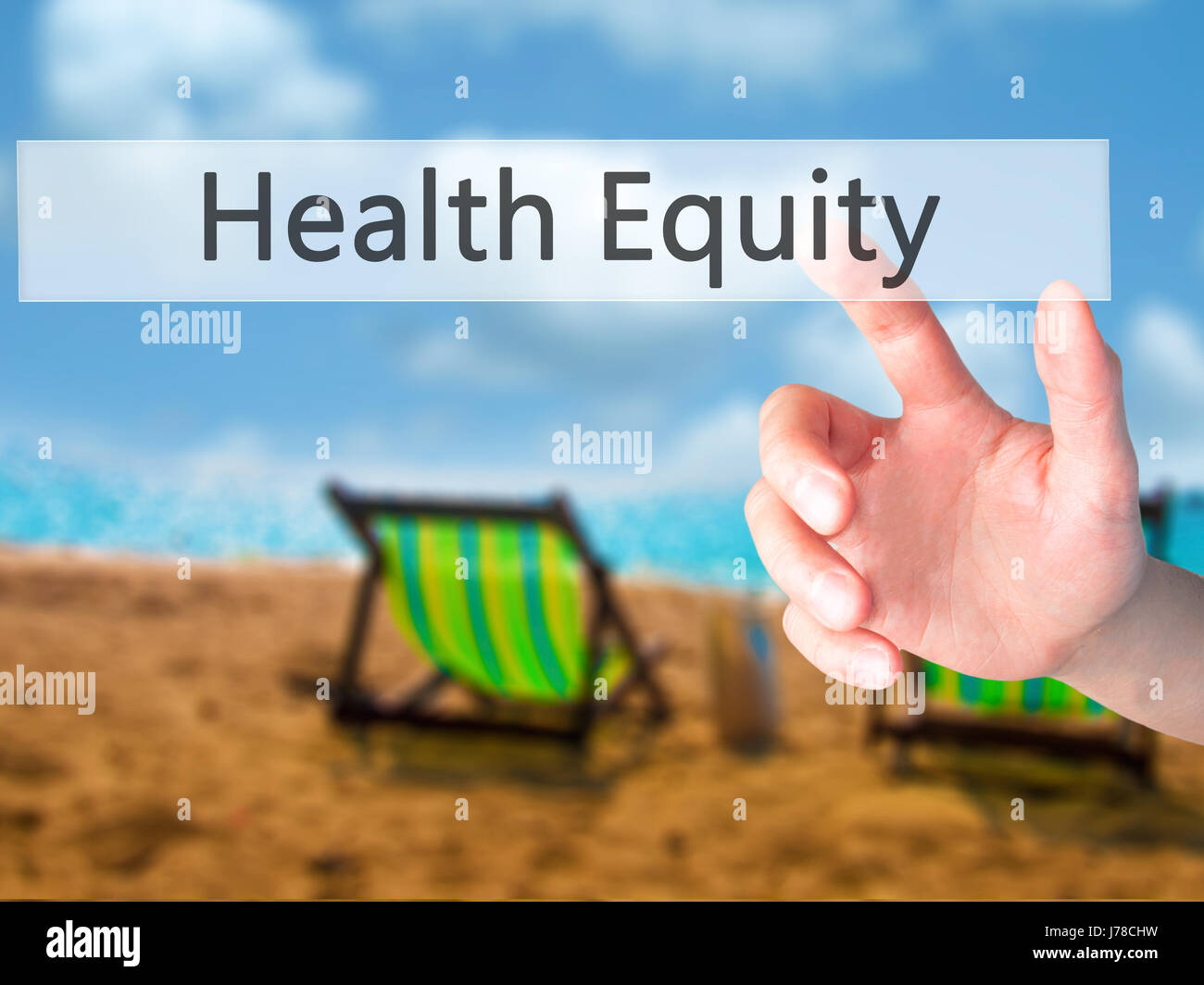 Health Equity - Hand pressing a button on blurred background concept ...