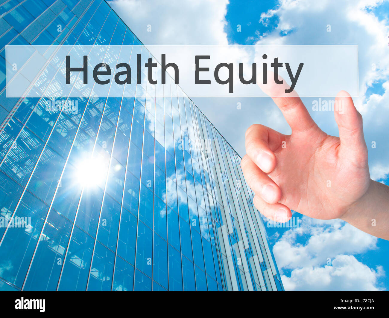 Health Equity - Hand pressing a button on blurred background concept ...