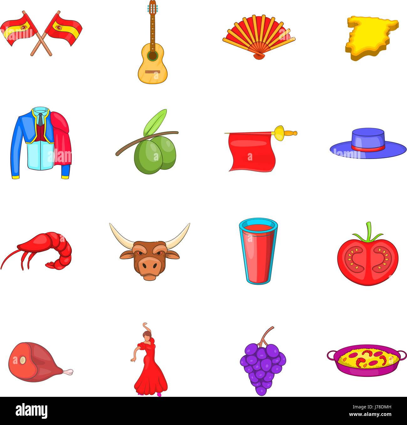 Spain icons set in cartoon style. Spain travel attractions set ...
