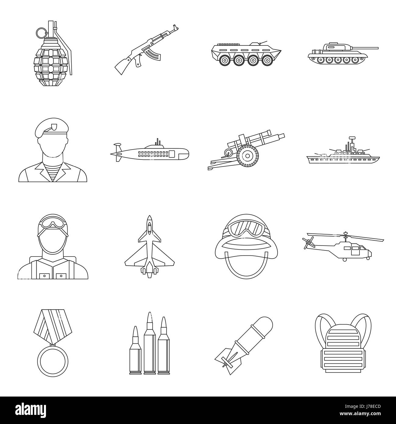 War icons set in outline style. Military equipment set collection ...