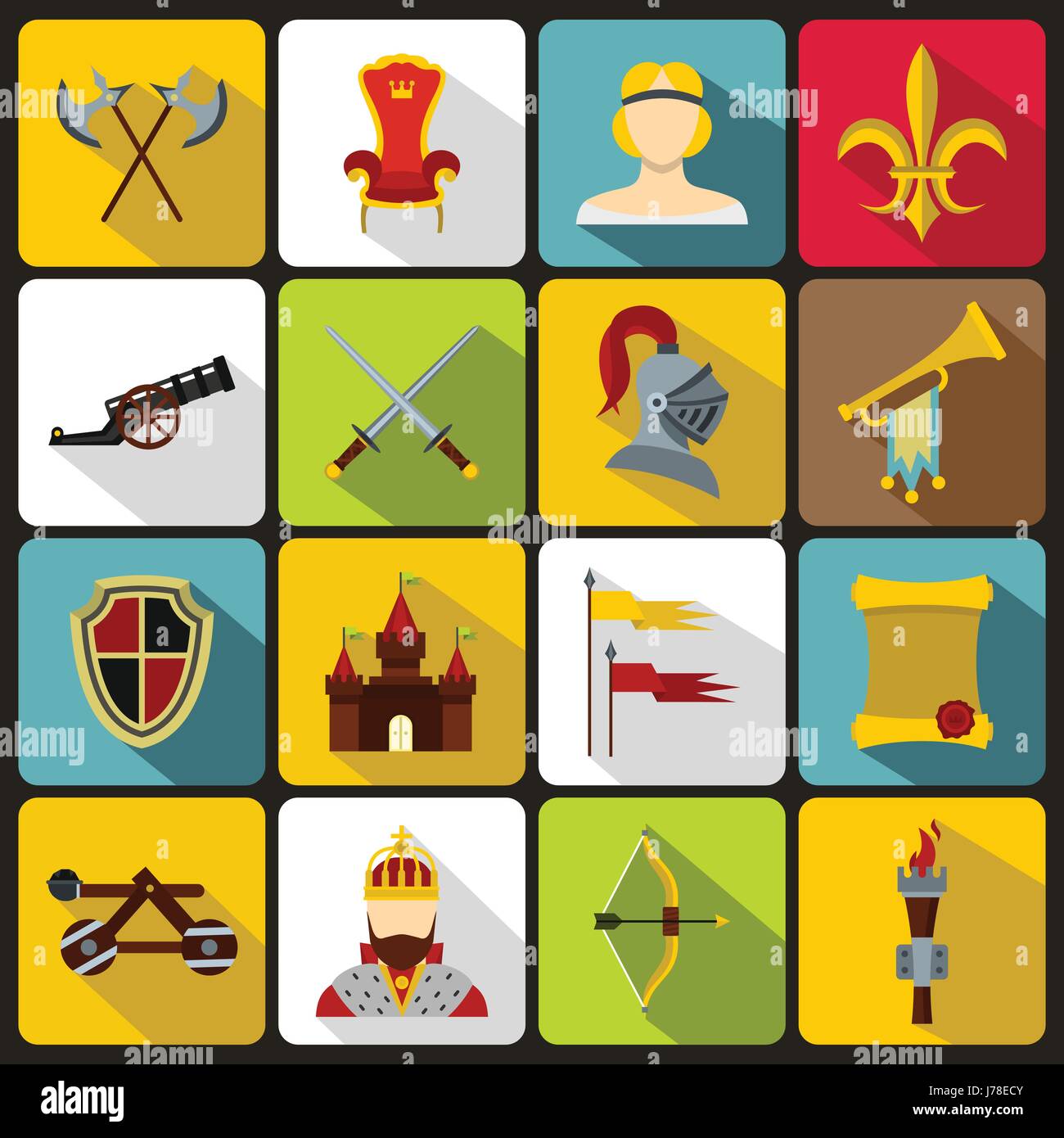 Knight medieval icons set in flat style. Middle ages warrior weapons set collection vector ...