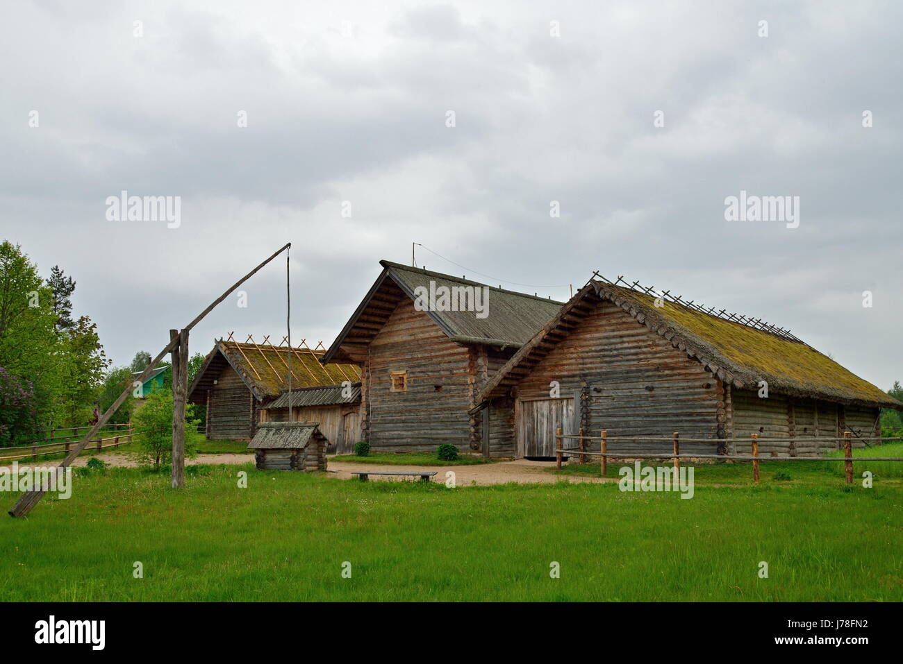 Old Russian log hut in Pushkin Mikhailovskoe summer cloudy day Stock ...