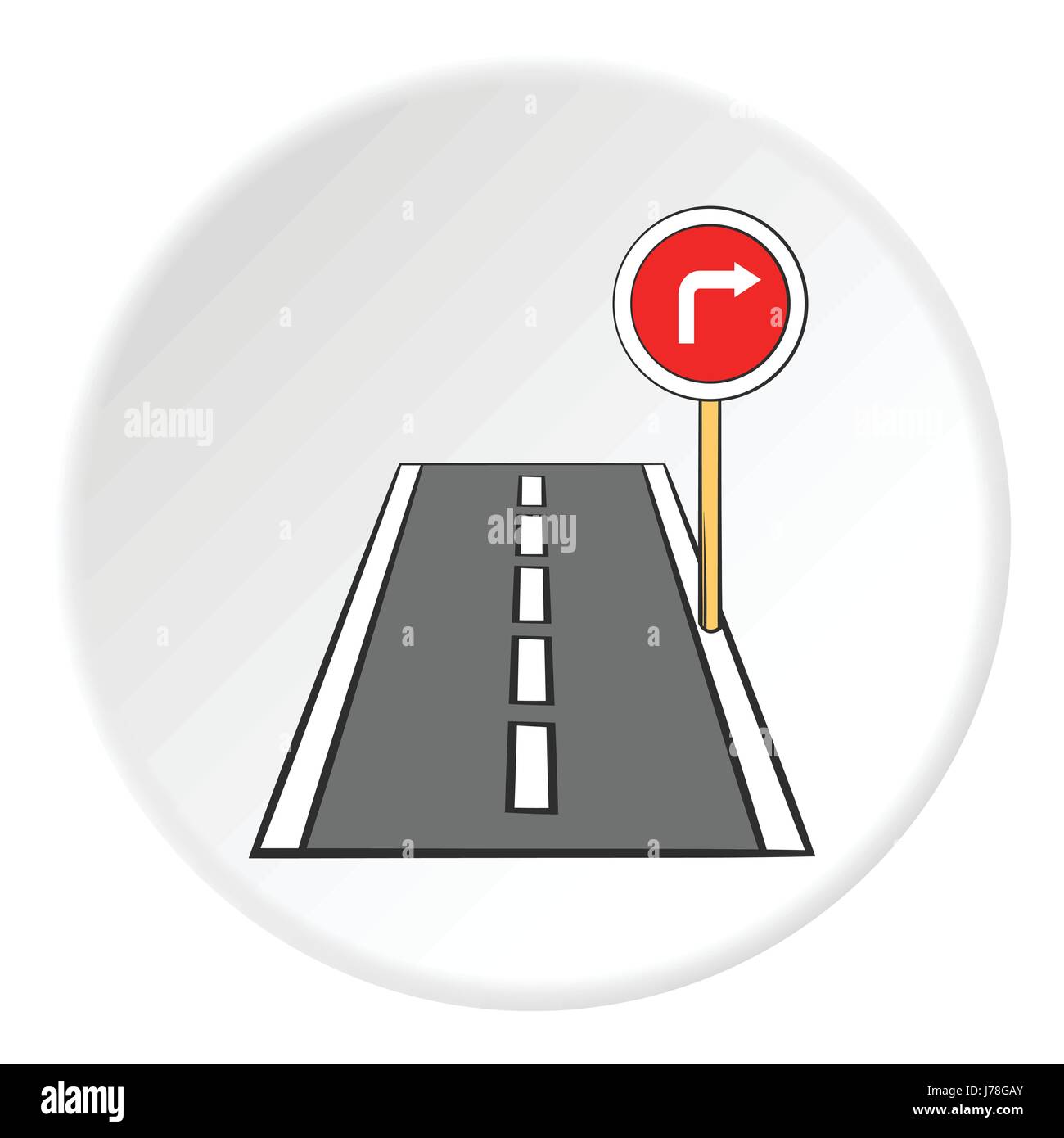 Road sign right turn icon in cartoon style on white circle background ...