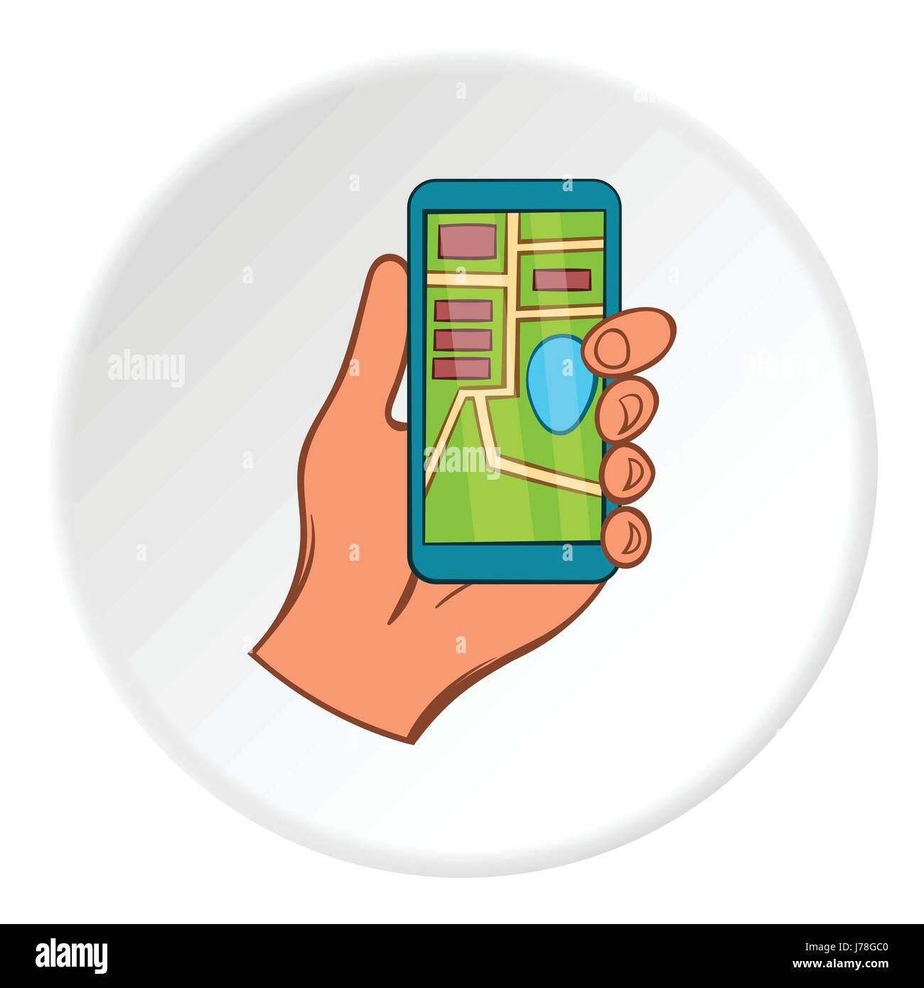 Hand holding phone with GPS icon in cartoon style on white circle ...