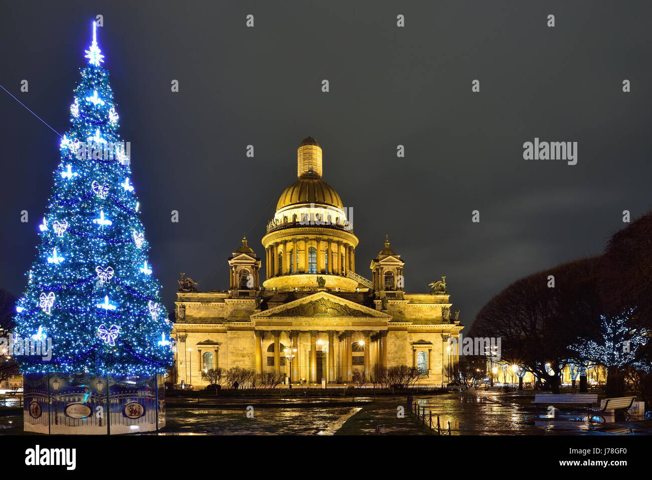Christmas tree by St. Isaac's Cathedral at night Stock Photo - Alamy