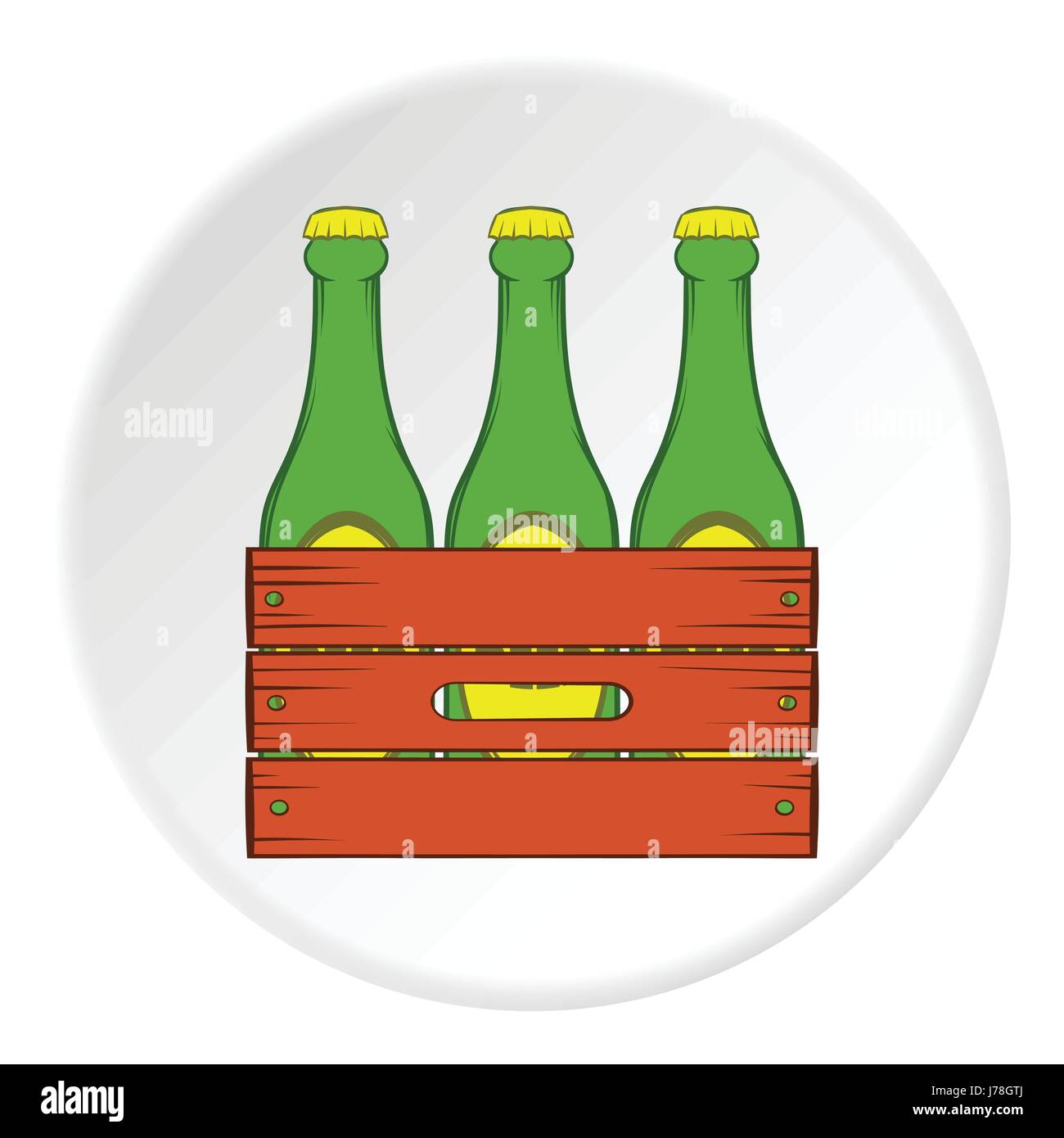 Beer bottles in a wooden box icon in cartoon style on white circle ...