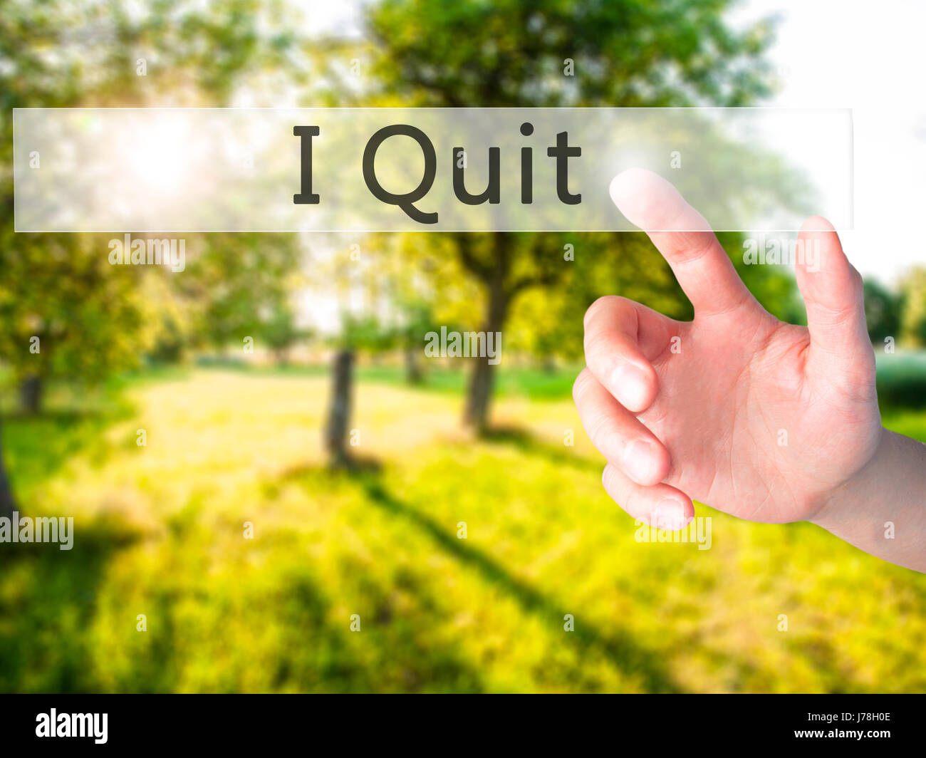 I Quit - Hand pressing a button on blurred background concept ...