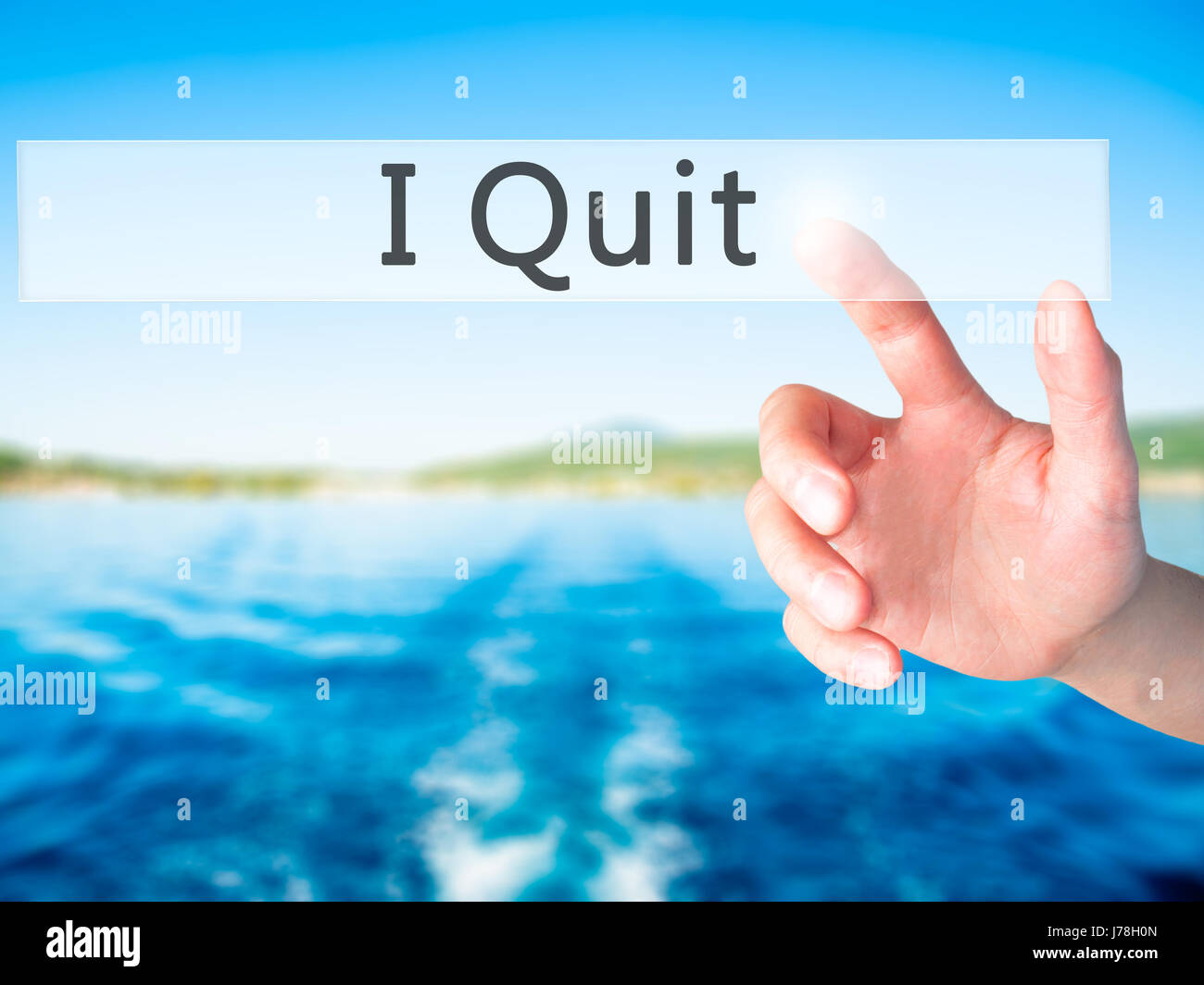I Quit - Hand pressing a button on blurred background concept ...