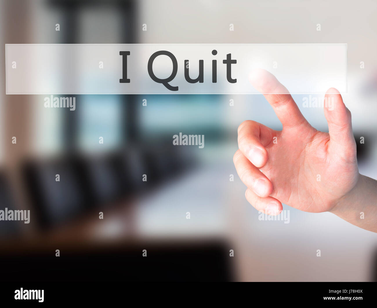 I Quit - Hand pressing a button on blurred background concept ...