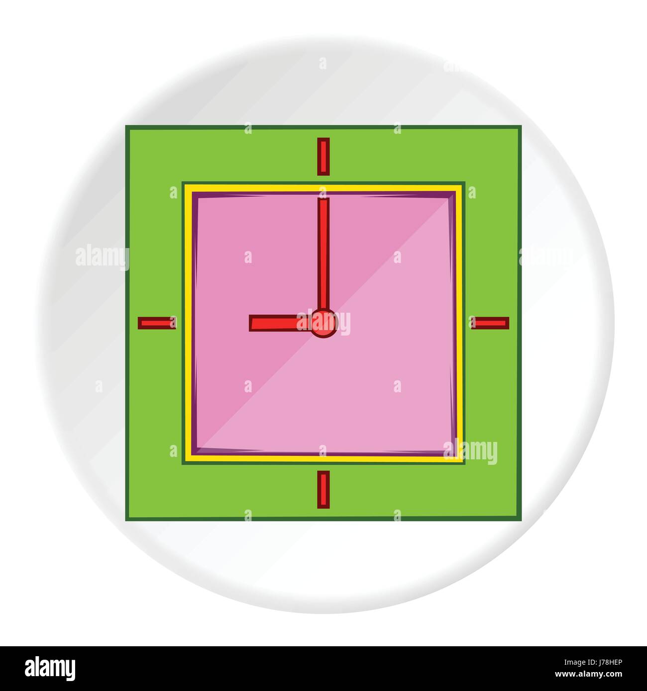 Square clock icon in cartoon style on white circle background. Time ...