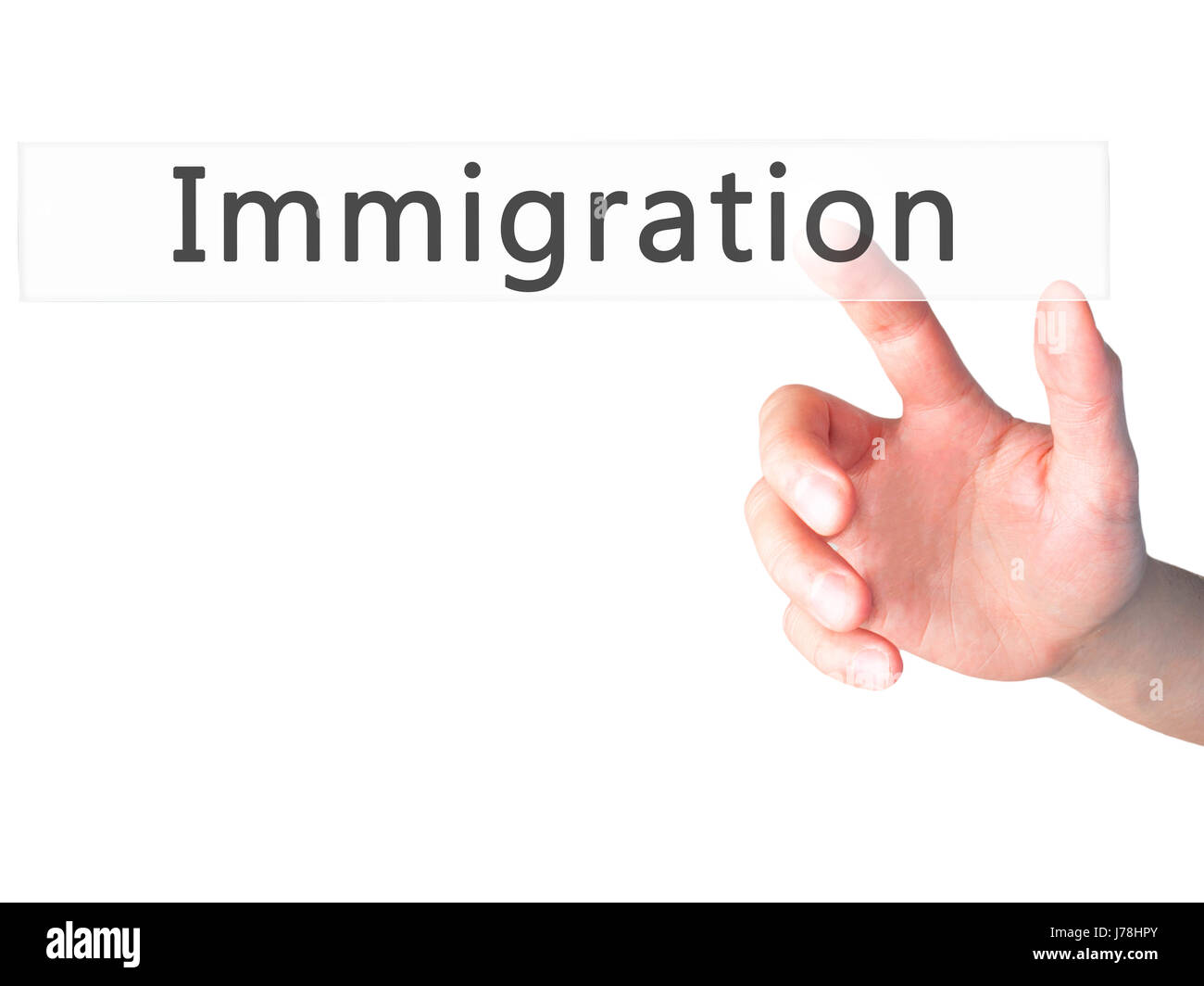 Immigration - Hand pressing a button on blurred background concept ...