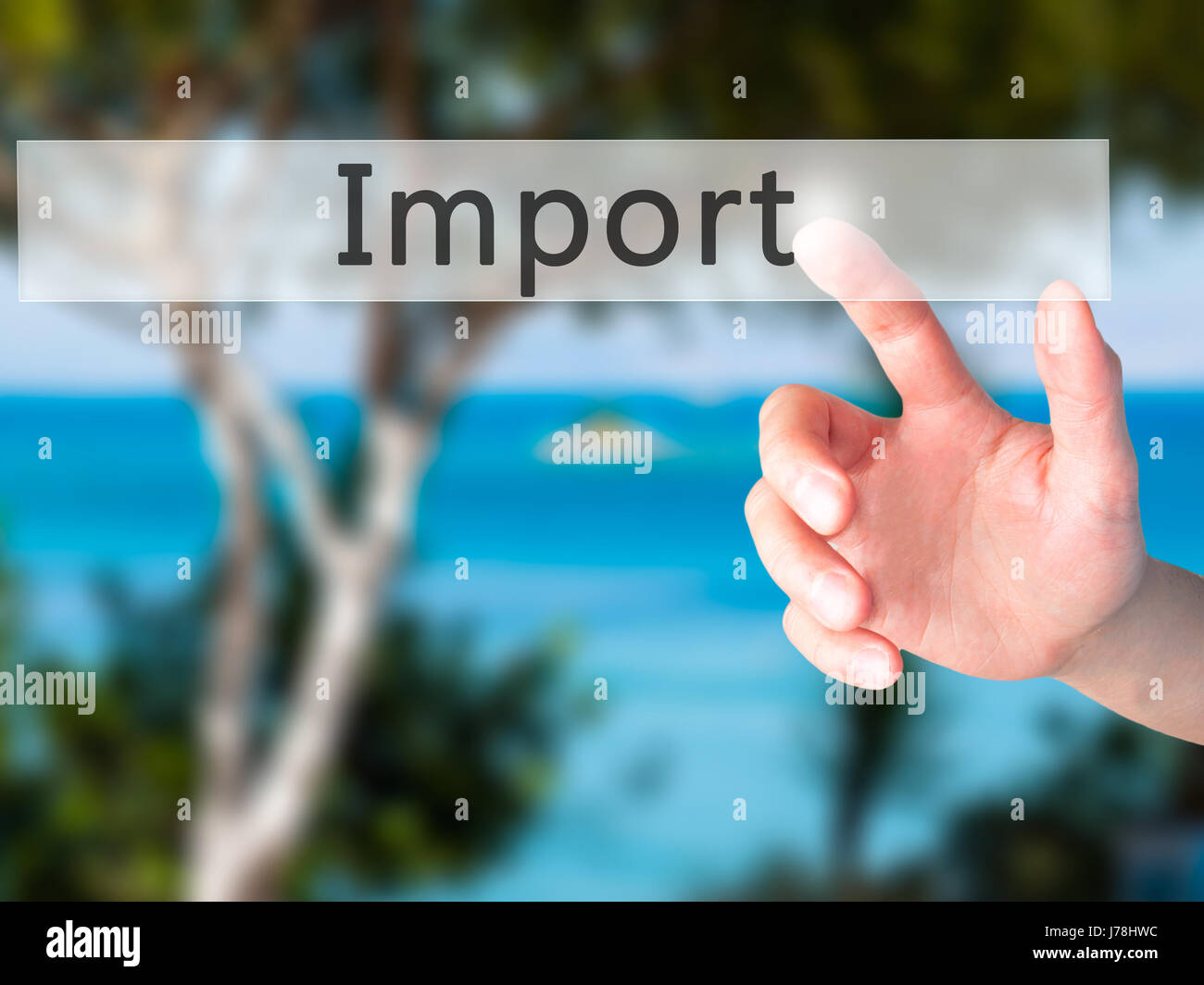 Import - Hand pressing a button on blurred background concept ...