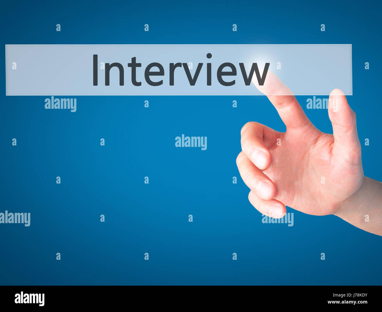 Interview - Hand pressing a button on blurred background concept ...