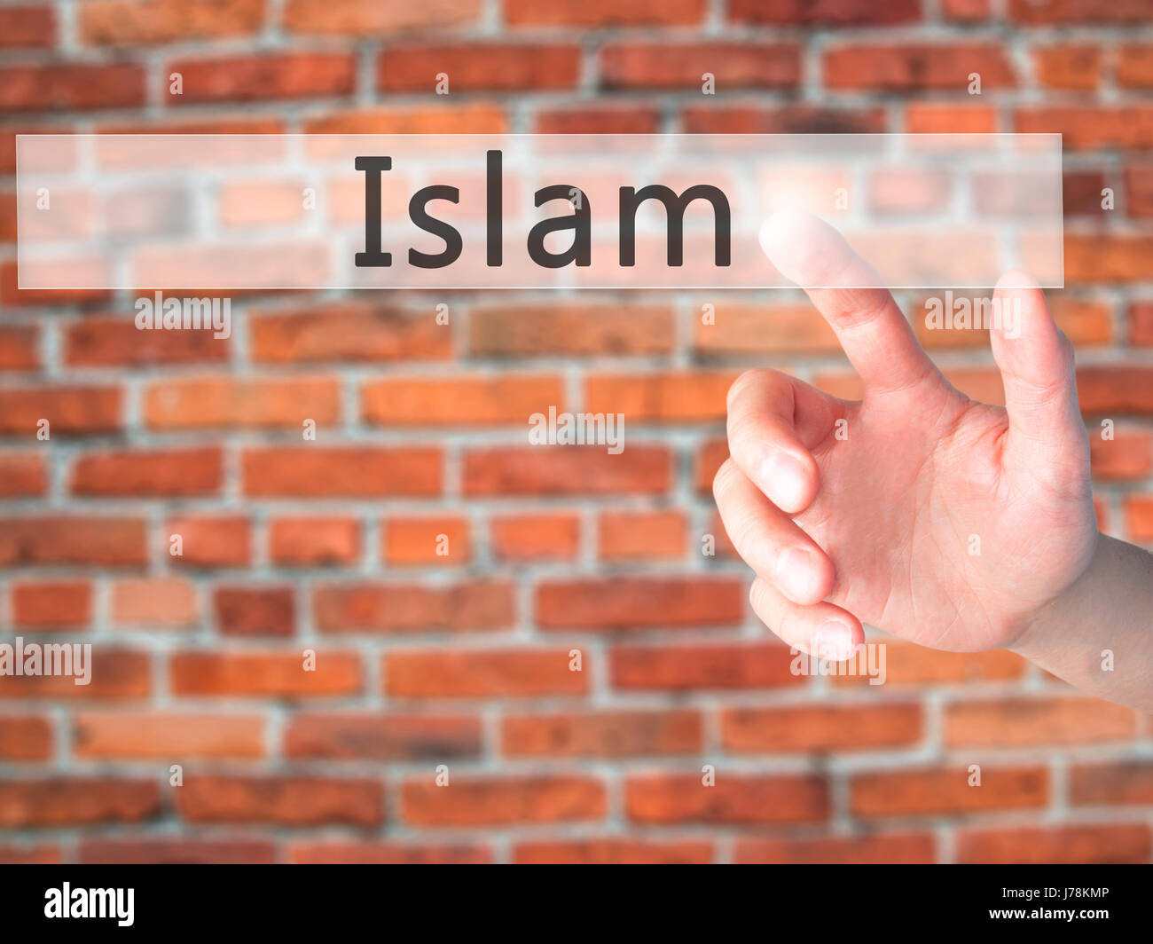 Islam - Hand pressing a button on blurred background concept . Business ...